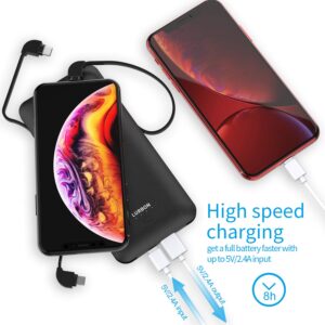 LURBON 10000 mAh Portable Charger Power Bank,Slim External Battery Pack with Built in AC Wall Plug, USB C Cable Total 3 Different Cables Compatible with Cell Phone Tablet