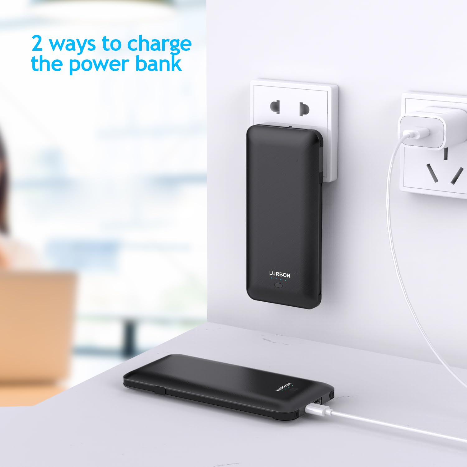 LURBON 10000 mAh Portable Charger Power Bank,Slim External Battery Pack with Built in AC Wall Plug, USB C Cable Total 3 Different Cables Compatible with Cell Phone Tablet