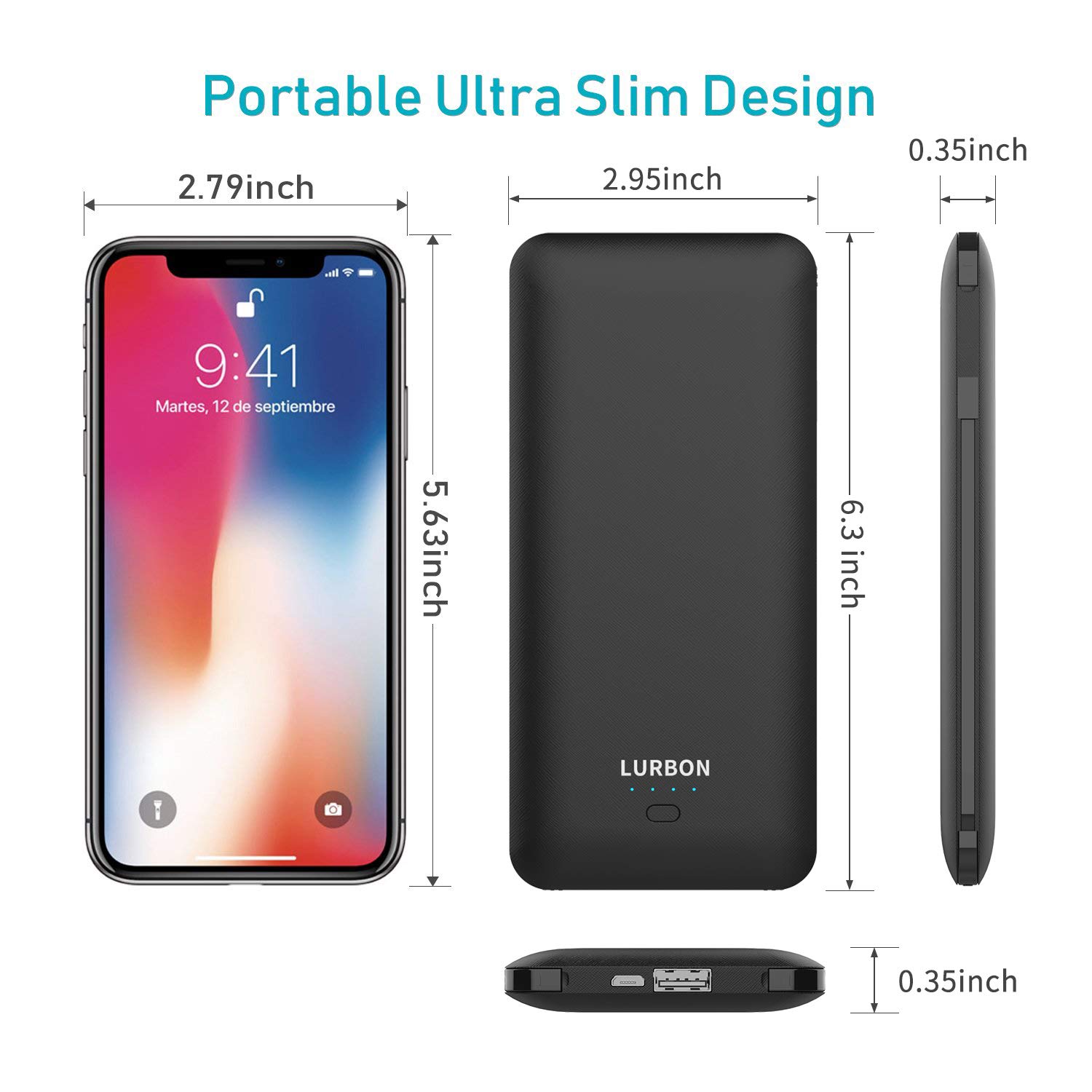 LURBON 10000 mAh Portable Charger Power Bank,Slim External Battery Pack with Built in AC Wall Plug, USB C Cable Total 3 Different Cables Compatible with Cell Phone Tablet