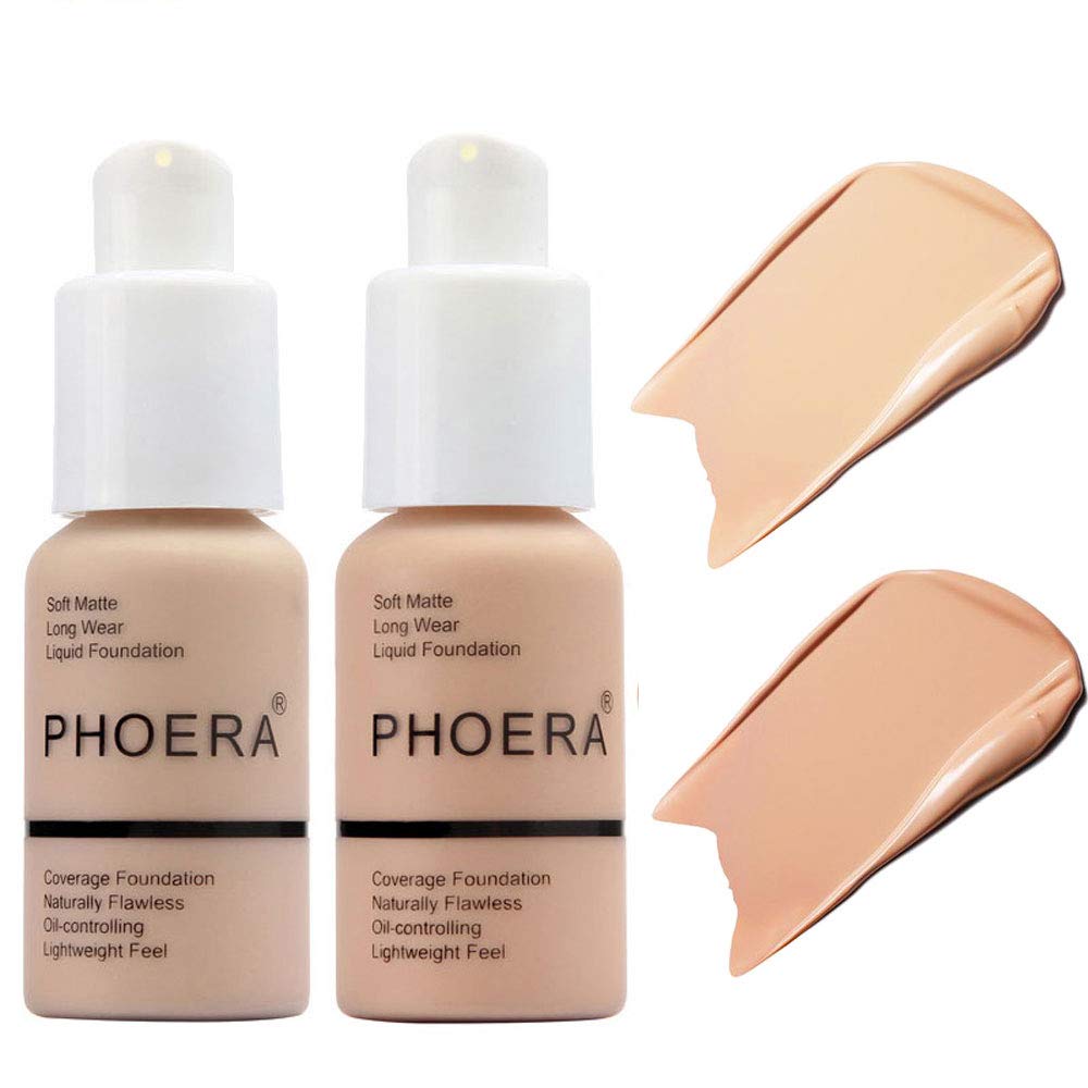 BestLand 2Pack PHOERA Foundation Full Coverage Liquid Foundation Cream - Long-lasting Lightweight Concealer - Oil-Free Formula - Natural Shade - Suitable for All Skin Types (102 Nude & 103 Warm Peach)