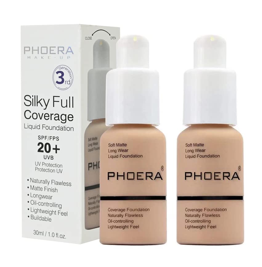 BestLand 2Pack PHOERA Foundation Full Coverage Liquid Foundation Cream - Long-lasting Lightweight Concealer - Oil-Free Formula - Natural Shade - Suitable for All Skin Types (102 Nude & 103 Warm Peach)