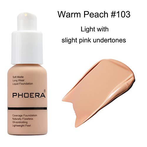 BestLand 2Pack PHOERA Foundation Full Coverage Liquid Foundation Cream - Long-lasting Lightweight Concealer - Oil-Free Formula - Natural Shade - Suitable for All Skin Types (102 Nude & 103 Warm Peach)