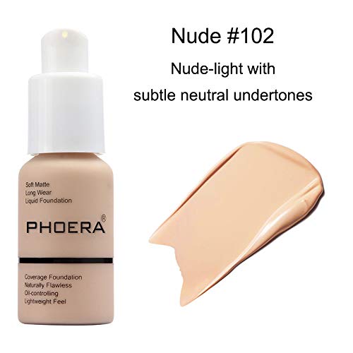 BestLand 2Pack PHOERA Foundation Full Coverage Liquid Foundation Cream - Long-lasting Lightweight Concealer - Oil-Free Formula - Natural Shade - Suitable for All Skin Types (102 Nude & 103 Warm Peach)