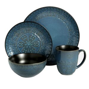 Gibson Elite Milanto Round Embossed Reactive Glaze Stoneware Dinnerware Set, Service for Four (16pcs), Blue