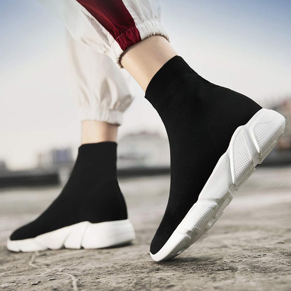 SUNROLAN Fashion Sneakers for Women and Men Lightweight Athletic Running Shoes Breathable Walking Sock Shoes(7008-1, Black 36)