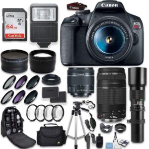 canon eos rebel t7 dslr camera + canon ef-s 18-55mm + canon 75-300mm & 500mm telephoto lens + wide angle & telephoto lens + macro filter kit + 64gb memory + accessory kit