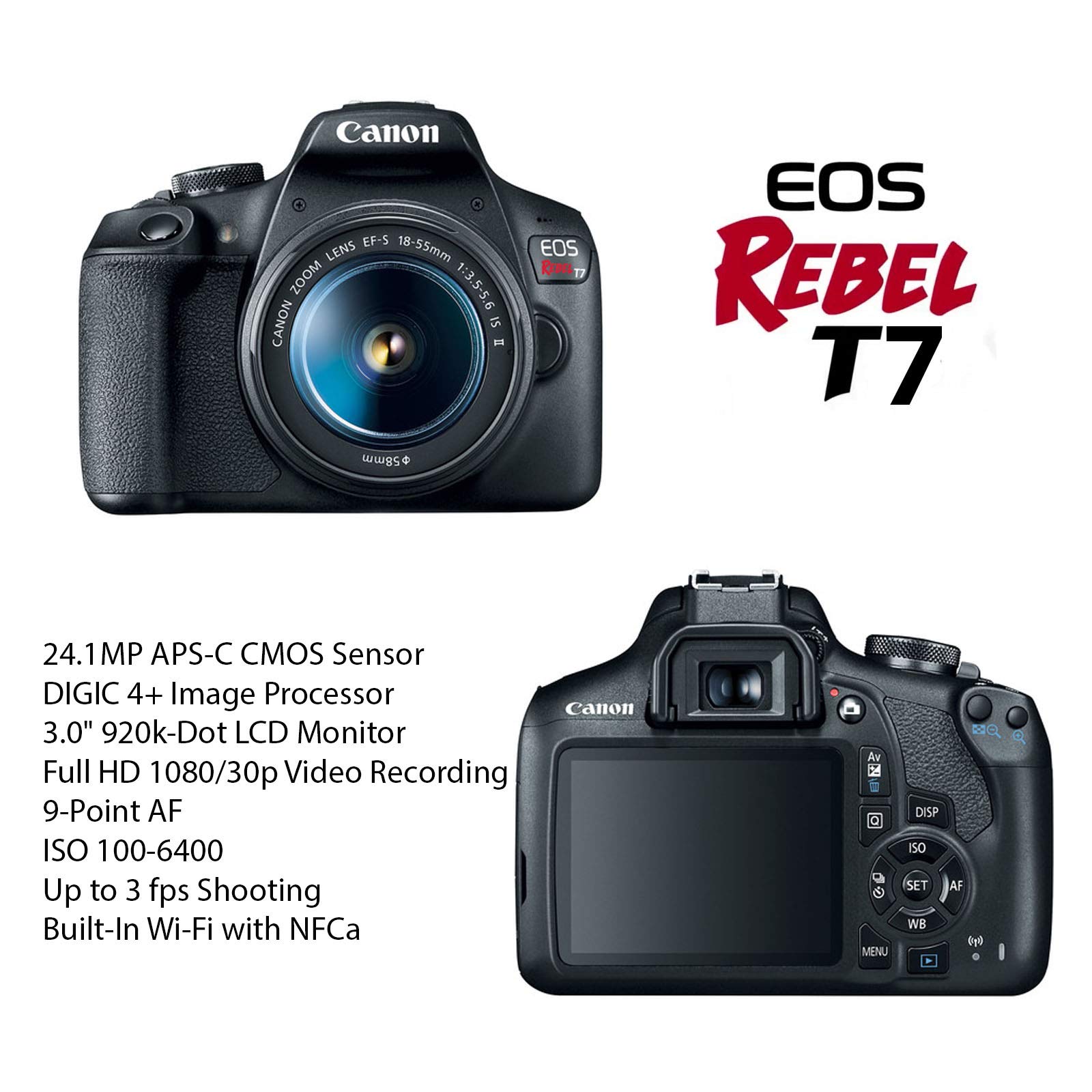 Canon EOS Rebel T7 DSLR Camera + Canon EF-S 18-55mm + Canon 75-300mm & 500mm Telephoto Lens + Wide Angle & Telephoto Lens + Macro Filter Kit + 64GB Memory + Accessory Kit