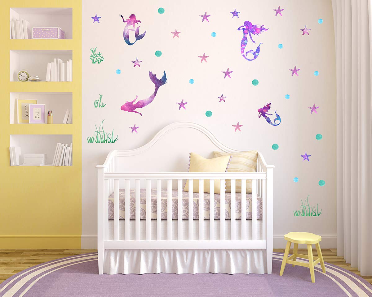 Easu Mermaid Wall Decals Girls Nursery Bedroom Wall Sticker Girls Wall Decals Mermaids Decorative Peel & Stick Wall Decals