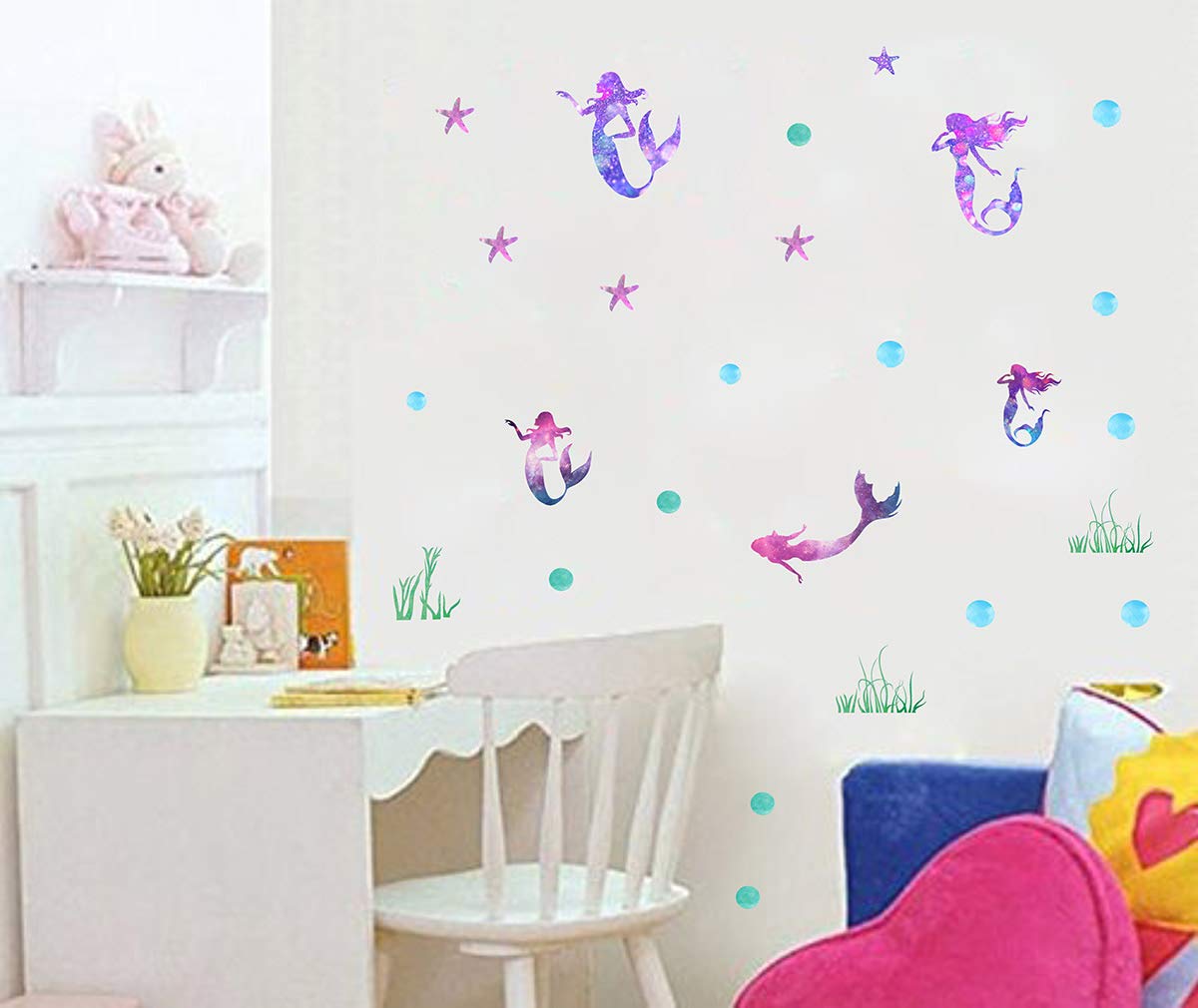 Easu Mermaid Wall Decals Girls Nursery Bedroom Wall Sticker Girls Wall Decals Mermaids Decorative Peel & Stick Wall Decals