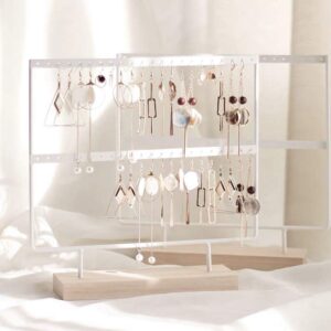 lemonadeus Earrings Organizer Jewelry Display Wood Stand (44 Holes 2 Layers) (White)