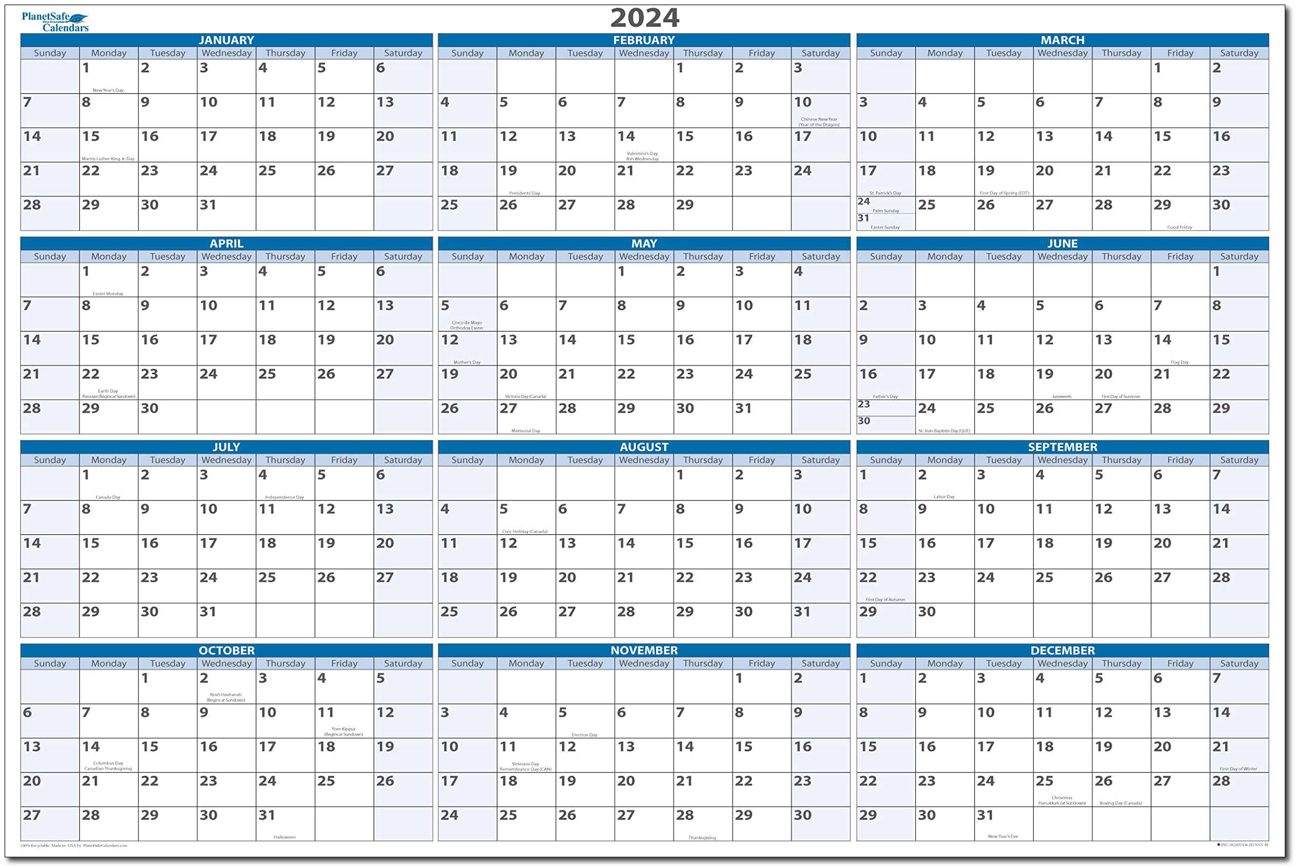 PlanetSafe Calendars 2024 Annual 12-Month Horizontal Sky Blue Wet & Dry-Erasable Wall Calendar - Yearly Planner - Large Wall Calendars - Great for Home, Office, and Classroom - 24" tall x 36" wide BN