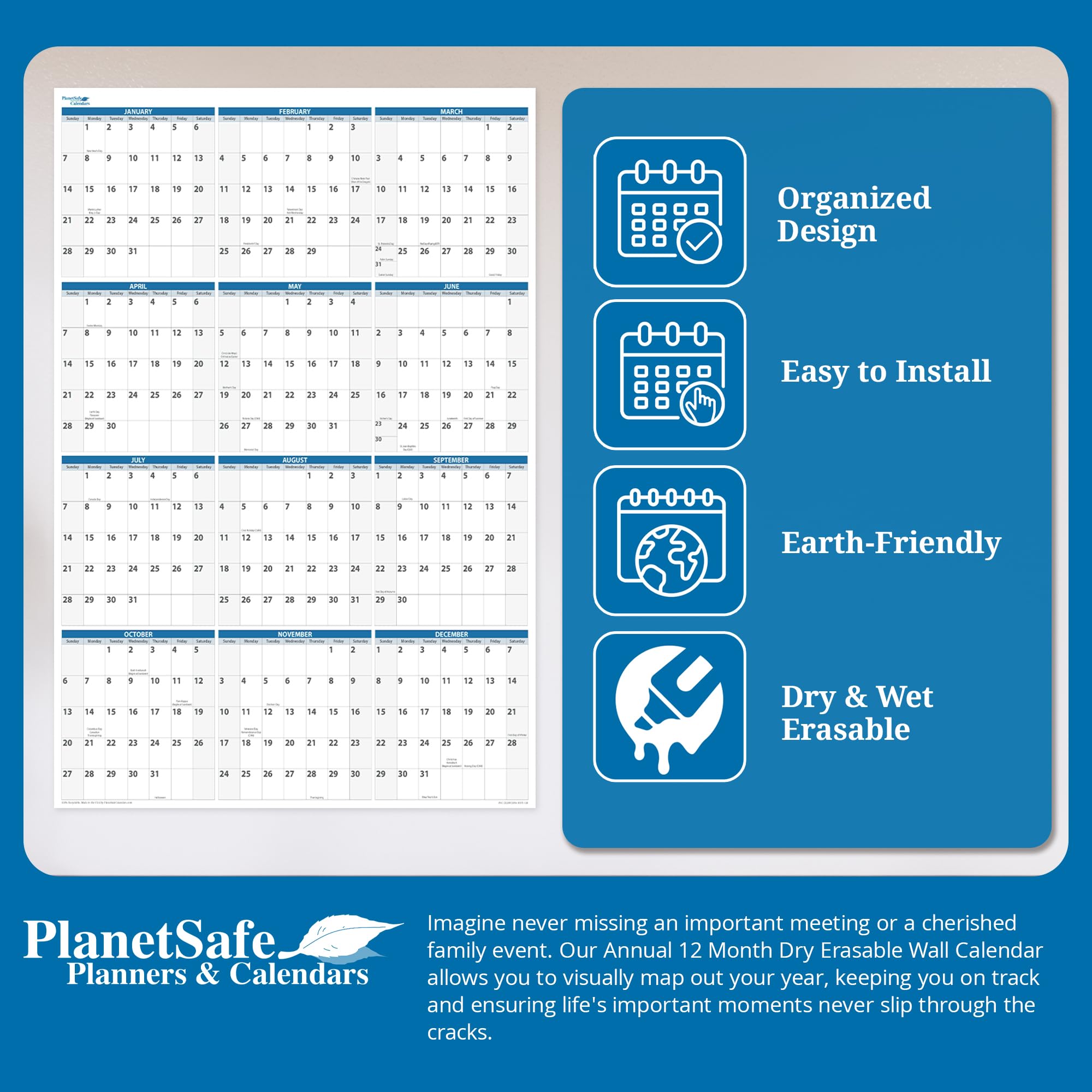 PlanetSafe Calendars 2024 Annual 12-Month Horizontal Sky Blue Wet & Dry-Erasable Wall Calendar - Yearly Planner - Large Wall Calendars - Great for Home, Office, and Classroom - 24" tall x 36" wide BN