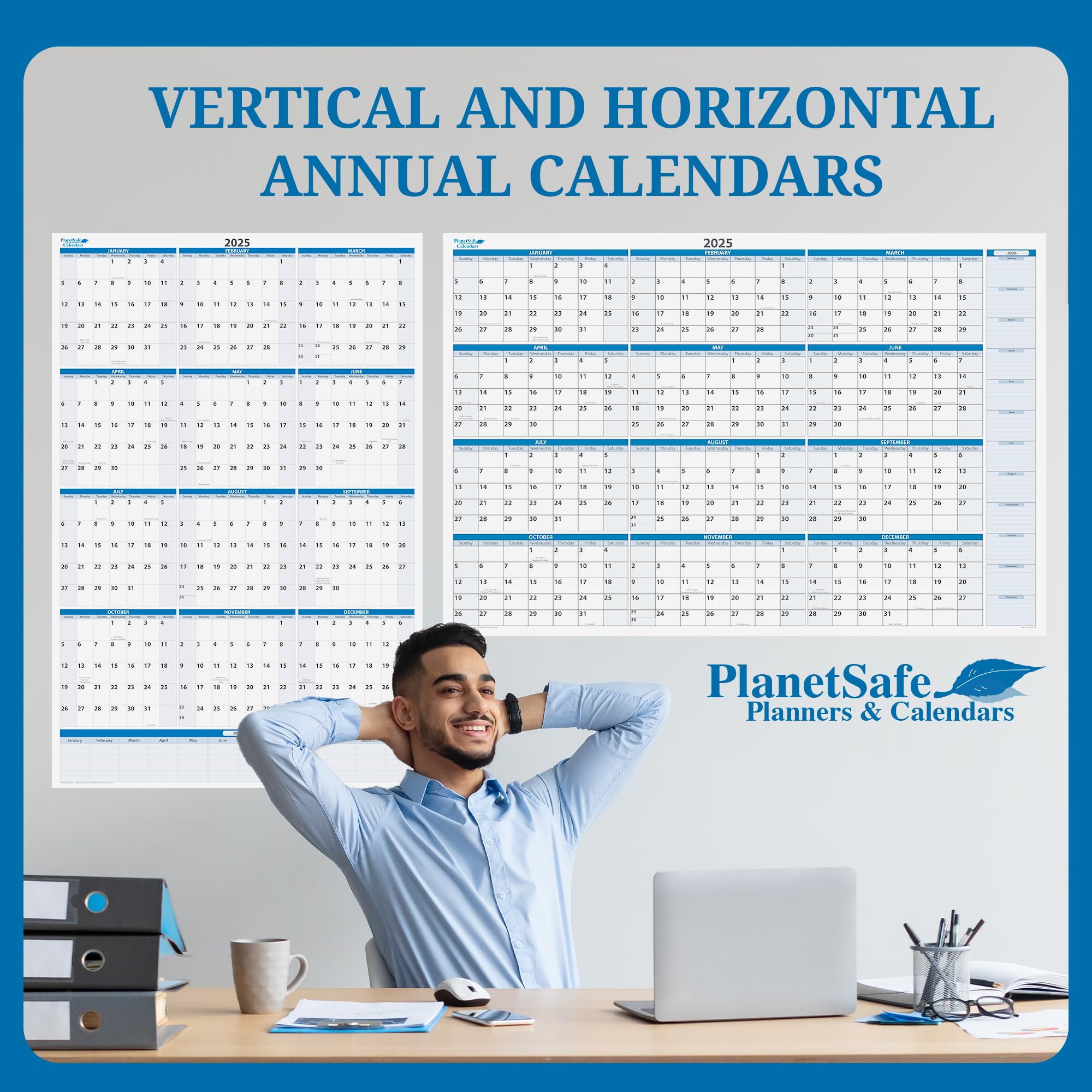 PlanetSafe Calendars 2024 Annual 12-Month Horizontal Sky Blue Wet & Dry-Erasable Wall Calendar - Yearly Planner - Large Wall Calendars - Great for Home, Office, and Classroom - 24" tall x 36" wide BN