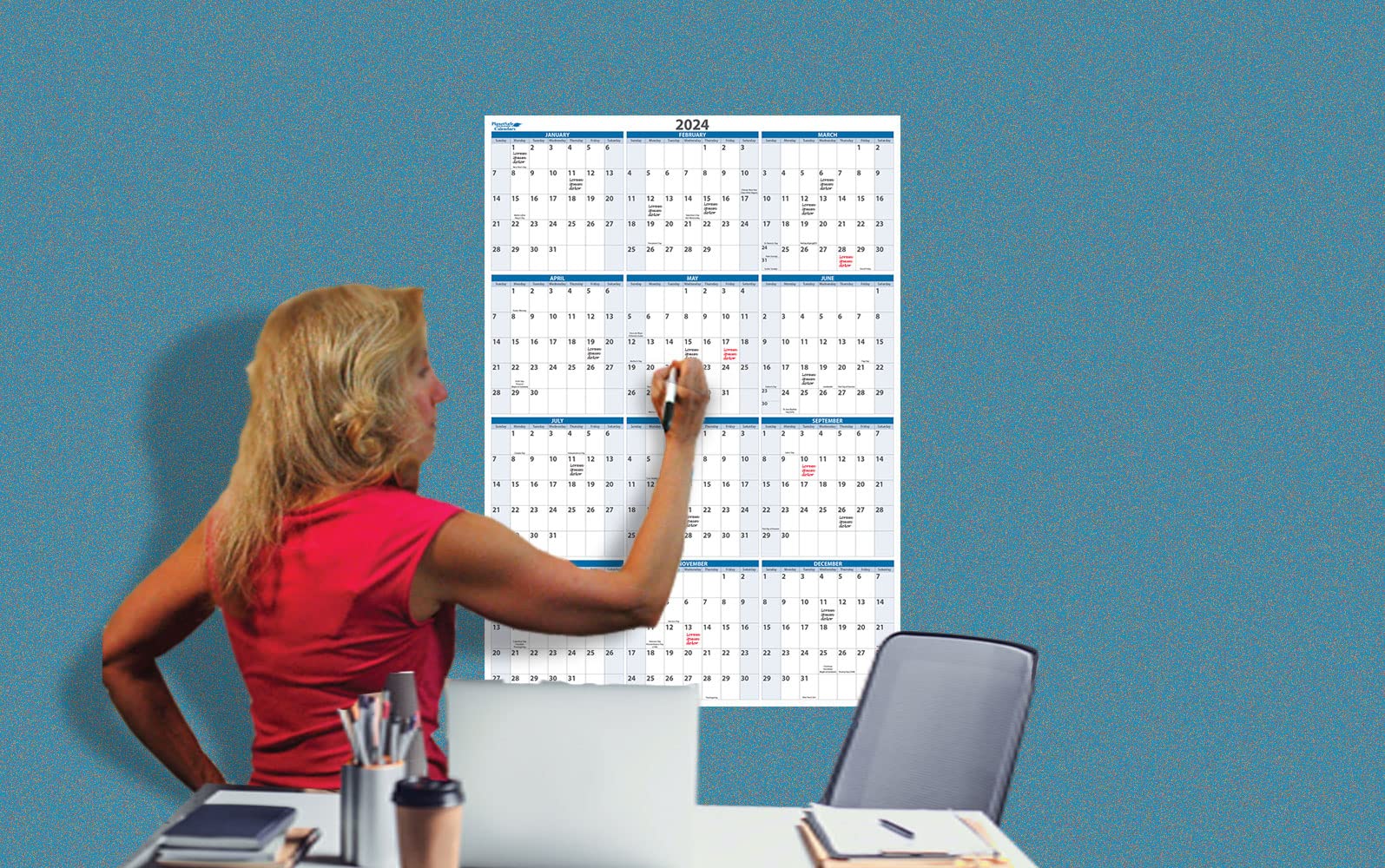 PlanetSafe Calendars 2024 Annual 12-Month Vertical Sky Blue Wet & Dry-Erasable Wall Calendar - Yearly Planner - Large Wall Calendars - Great for Home, Office, and Classroom - 36" tall x 24" wide BN