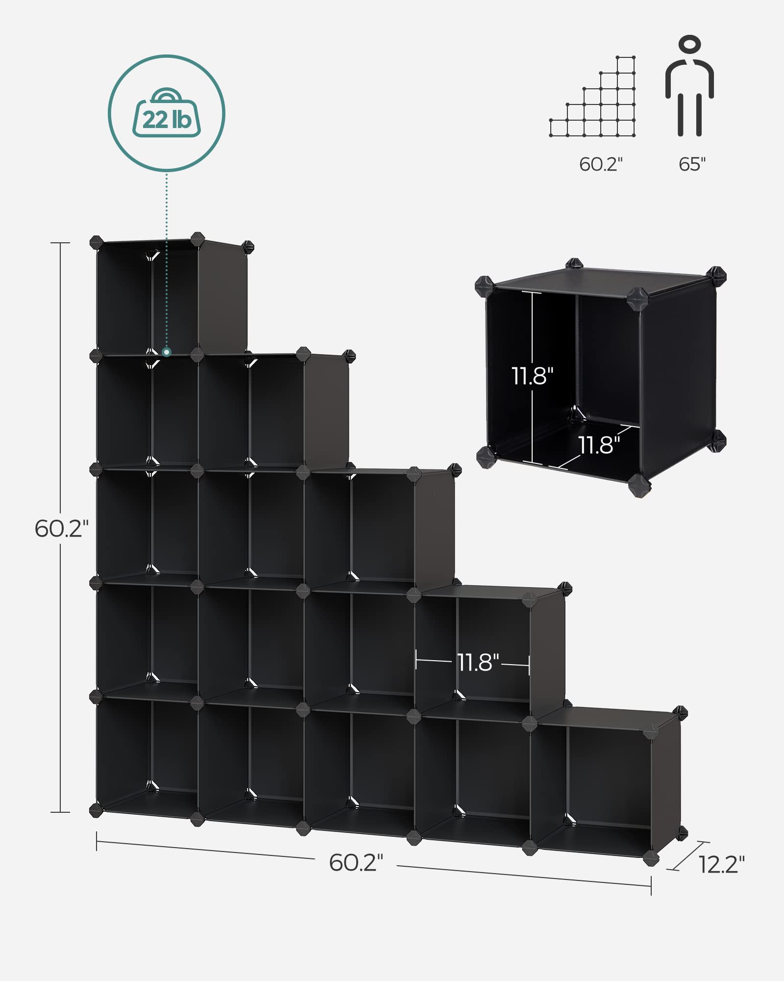 SONGMICS Cube Storage Organizer, Set of 16 Plastic Cubes, Book Shelf, Closet Organizers and Storage, Room Organization, Bedroom Living Room, 12.2 x 48.4 x 48.4 Inches, Black ULPC44BK