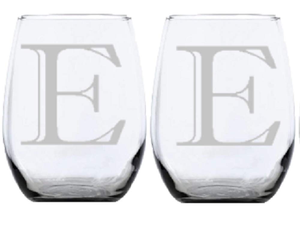 2pk Stemless Wine Glasses, Monogrammed Stemware, Personalized, Etched Glasses, Letter E