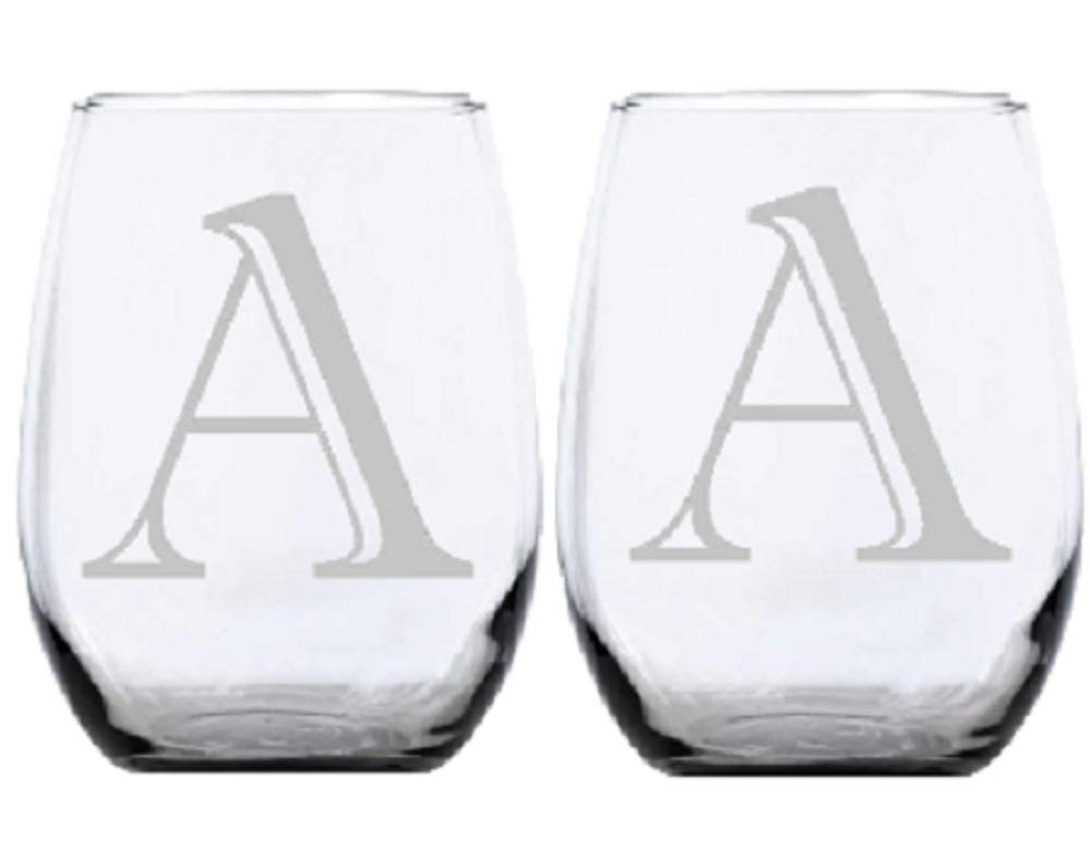 2pk Stemless Wine Glasses, Monogrammed Stemware, Personalized, Etched Glasses, Letter A