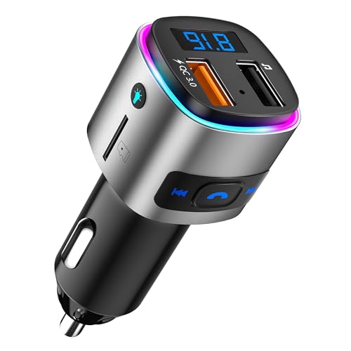 Bluetooth FM Transmitter for Car, SONRU Car Radio Bluetooth Adapter Music Player Kit, Support QC3.0 USB Charging, Handsfree Call, Siri Google Assistant, SD Card/U Disk, 7 Color Lights/LED Voltmeter