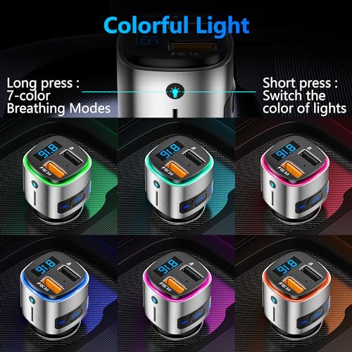 Bluetooth FM Transmitter for Car, SONRU Car Radio Bluetooth Adapter Music Player Kit, Support QC3.0 USB Charging, Handsfree Call, Siri Google Assistant, SD Card/U Disk, 7 Color Lights/LED Voltmeter