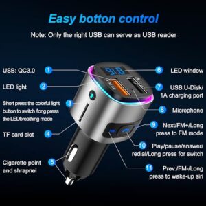 Bluetooth FM Transmitter for Car, SONRU Car Radio Bluetooth Adapter Music Player Kit, Support QC3.0 USB Charging, Handsfree Call, Siri Google Assistant, SD Card/U Disk, 7 Color Lights/LED Voltmeter