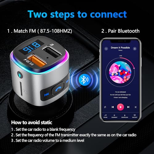 Bluetooth FM Transmitter for Car, SONRU Car Radio Bluetooth Adapter Music Player Kit, Support QC3.0 USB Charging, Handsfree Call, Siri Google Assistant, SD Card/U Disk, 7 Color Lights/LED Voltmeter