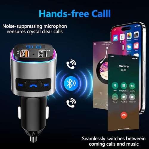 Bluetooth FM Transmitter for Car, SONRU Car Radio Bluetooth Adapter Music Player Kit, Support QC3.0 USB Charging, Handsfree Call, Siri Google Assistant, SD Card/U Disk, 7 Color Lights/LED Voltmeter