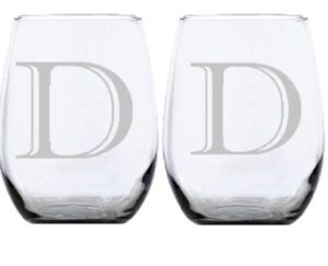 2pk stemless wine glasses, monogrammed stemware, personalized, etched glasses, letter d