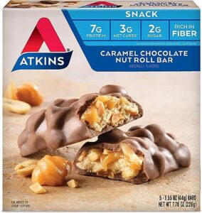 atkins caramel chocolate nut roll snack bar, protein snack, high in fiber, 2g sugar, 30 count