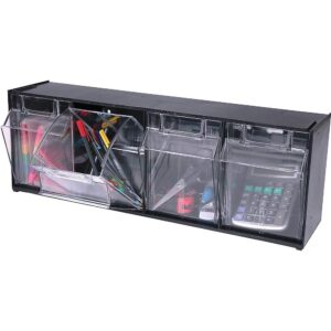 deflecto tilt bin interlocking multi-bin storage organizer, 4 sections, 23.63" x 6.63" x 8.13", black/clear