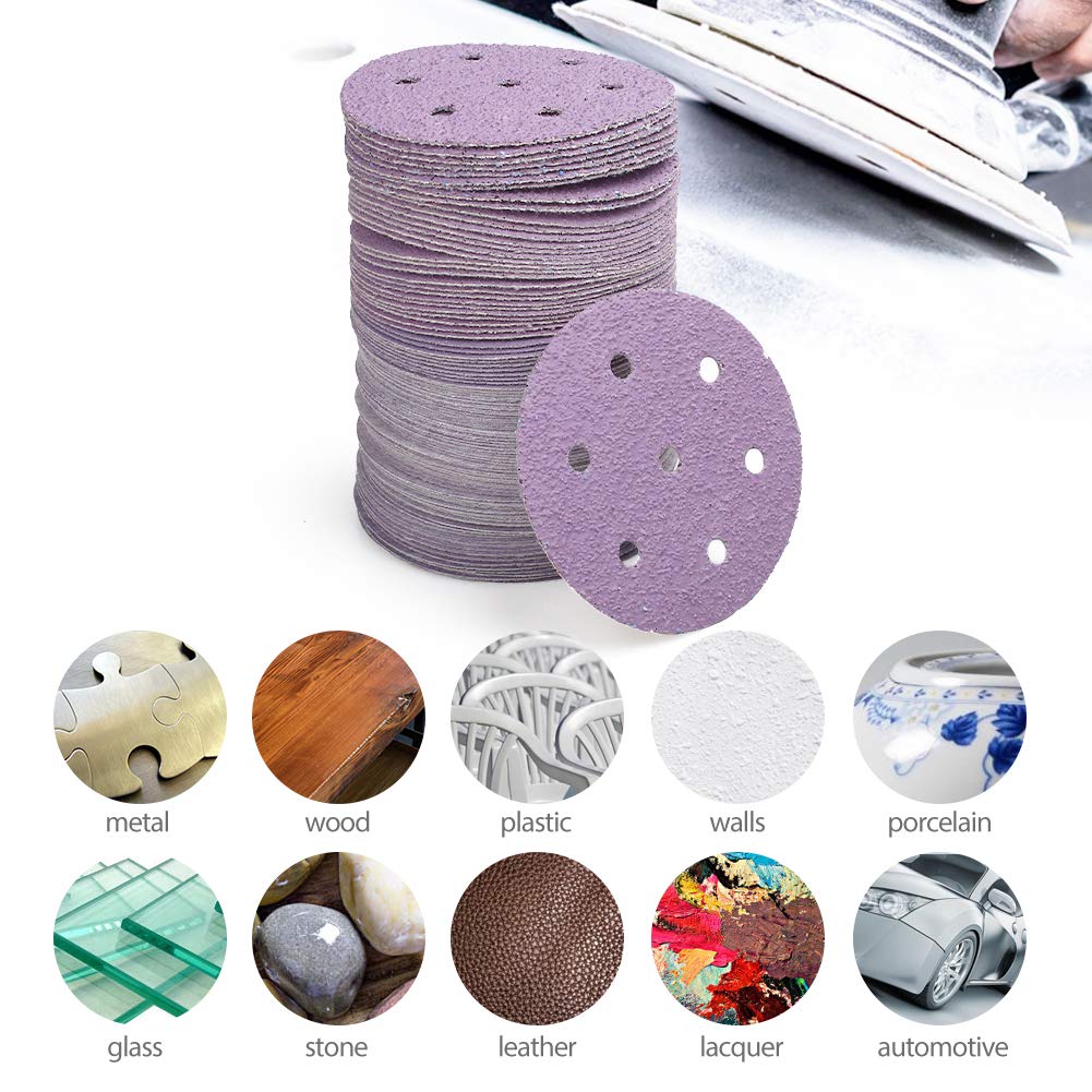 LotFancy 3 Inch 7 Hole Sanding Discs, 100PCS 40 60 80 120 180 220 240 320 400 800 Grit Assorted Professional Sandpaper, Hook and Loop Random Orbital Sander Round Sand Paper