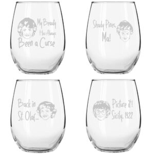 du vino golden girls inspired stemless wine glass set of 4 (15 oz)- usa made-funny novelty glasses for party, event, girls night-gift for mom, women best friend- fun drinking for bachelorette parties