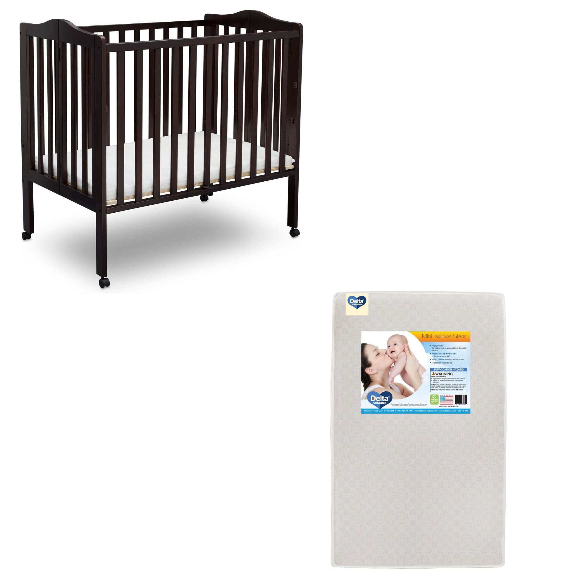 Delta Children Folding Portable Mini Baby Crib & Twinkle Stars 3-Inch Waterproof Portable Crib Mattress, Dark Chocolate