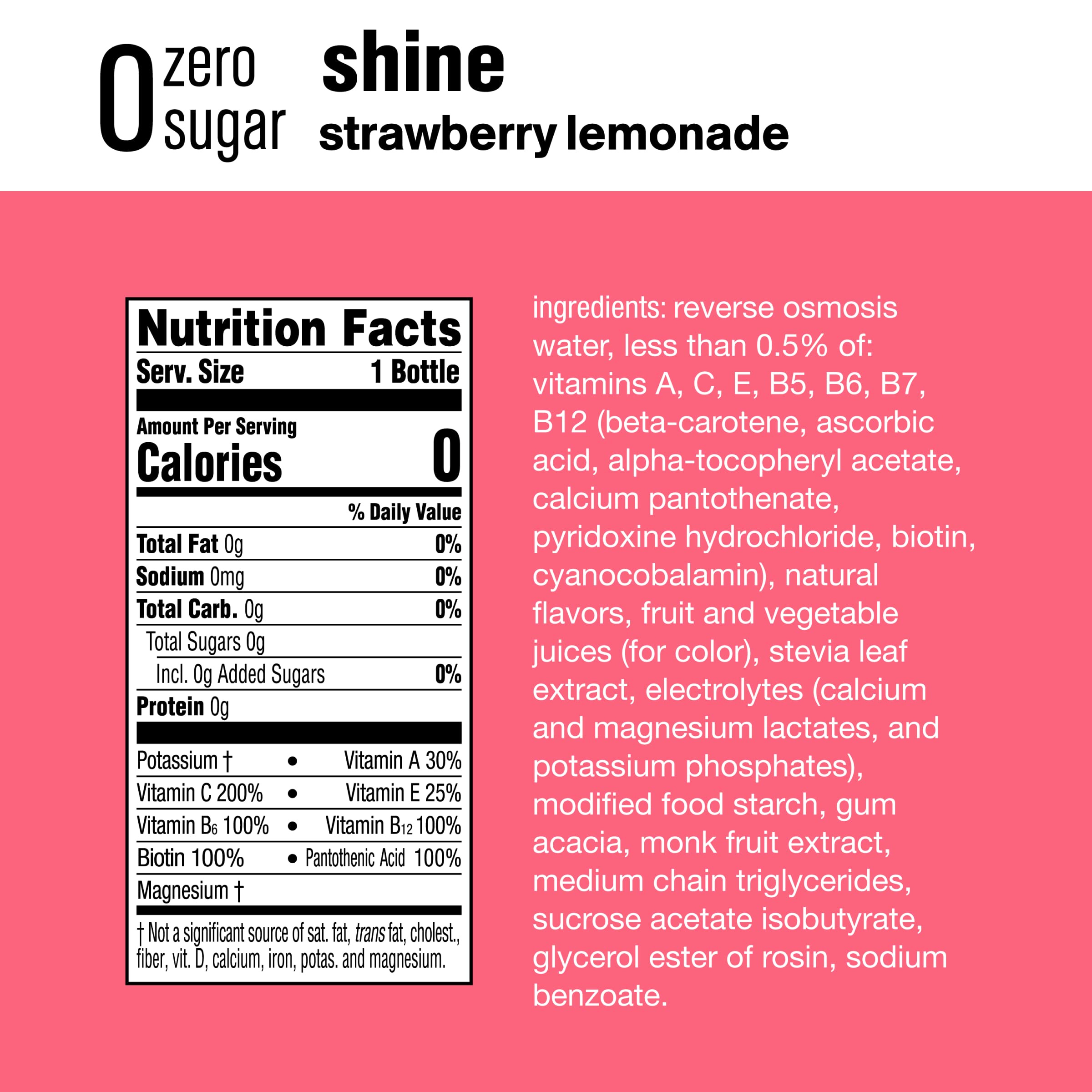 vitaminwater zero sugar shine, electrolyte enhanced water w/ vitamins, strawberry lemonade drinks, 20 fl oz, 12 Pack