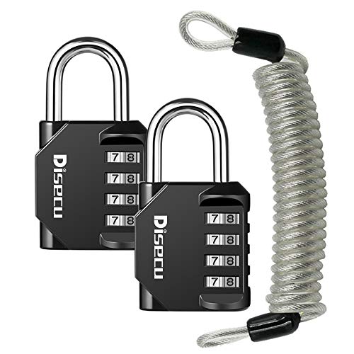 Disecu 4 Digit Combination Lock Outdoor Waterproof Padlock with Steel Cable for Gym Locker, Helmet, Gate, Fence, Luggage (Black, Pack of 2 padlocks)