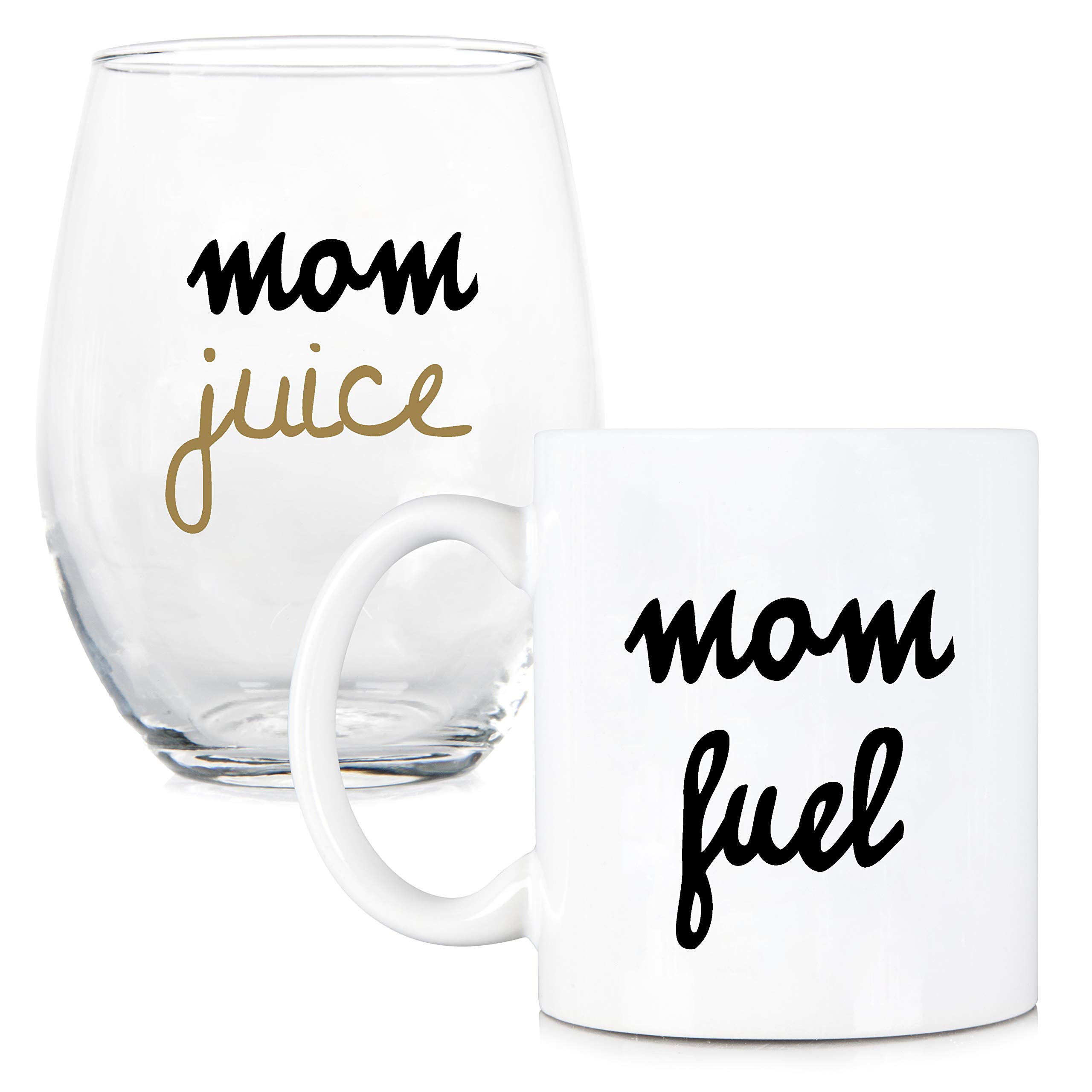 Funny Mugs, LOL Mom Fuel, Mom Juice - 11 oz Coffee Mug and 15 oz Stemless Wine Glass - New Moms, Mother's Day, and Birthdays