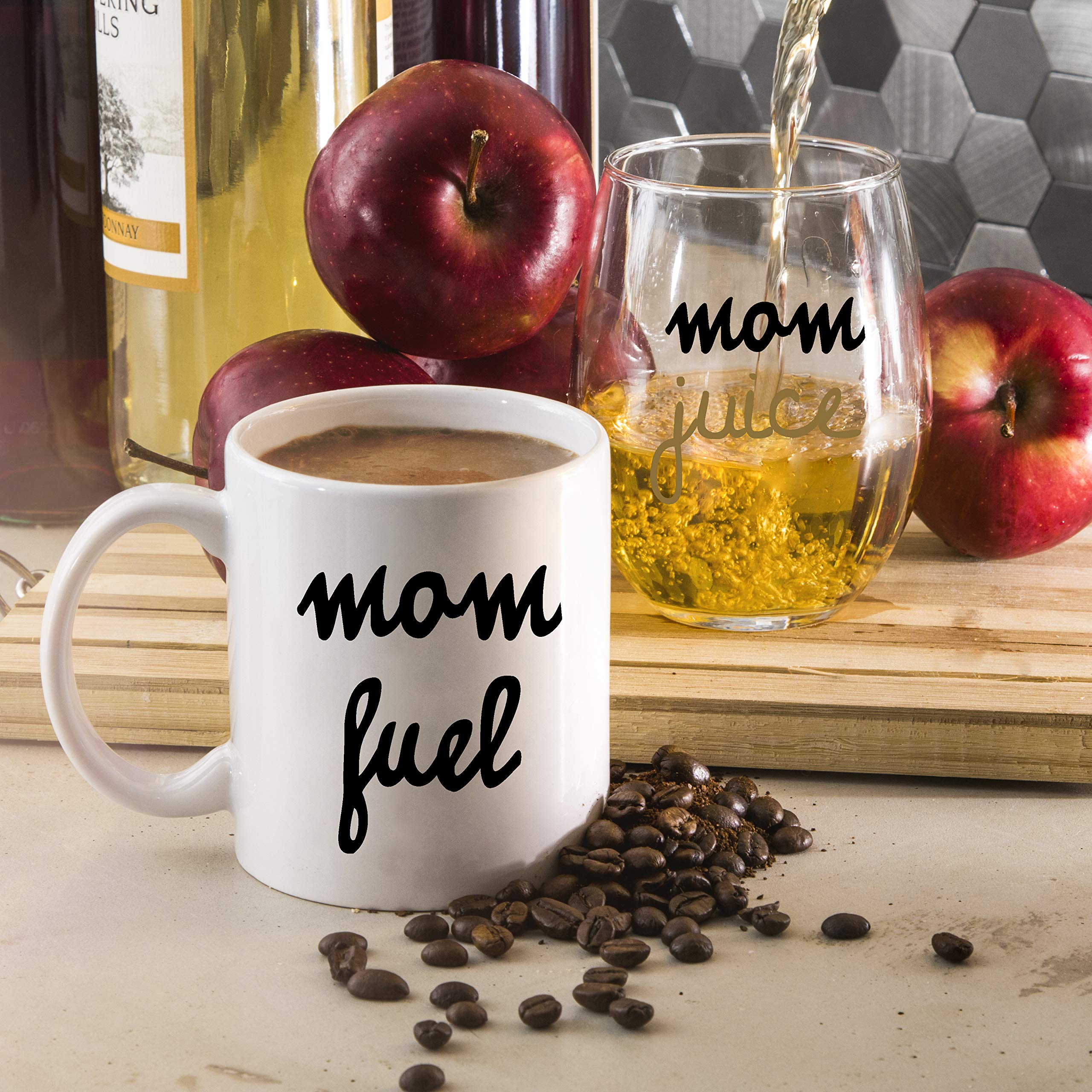 Funny Mugs, LOL Mom Fuel, Mom Juice - 11 oz Coffee Mug and 15 oz Stemless Wine Glass - New Moms, Mother's Day, and Birthdays