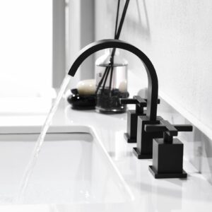 Phiestina Matte Black Waterfall Bathroom Faucet, 3 Hole Widespread 8 Inch Bathroom Faucet, with Rotatable 360 Degree Swivel Spout, Pop Up Drain and Water Supply Lines, WF001-10-MB