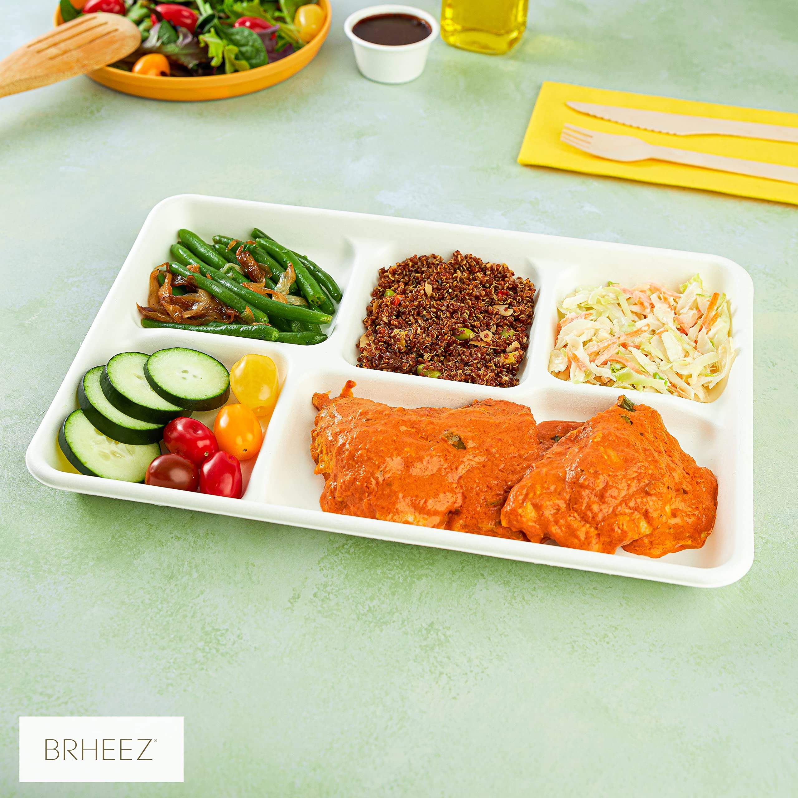 brheez Eco-Friendly 6 Compartment 8.5”x12.5” Disposable School Tray - Made from Bagasse Sugar Cane Fiber - Biodegradable, Compostable & Chemical Free - Pack of 50