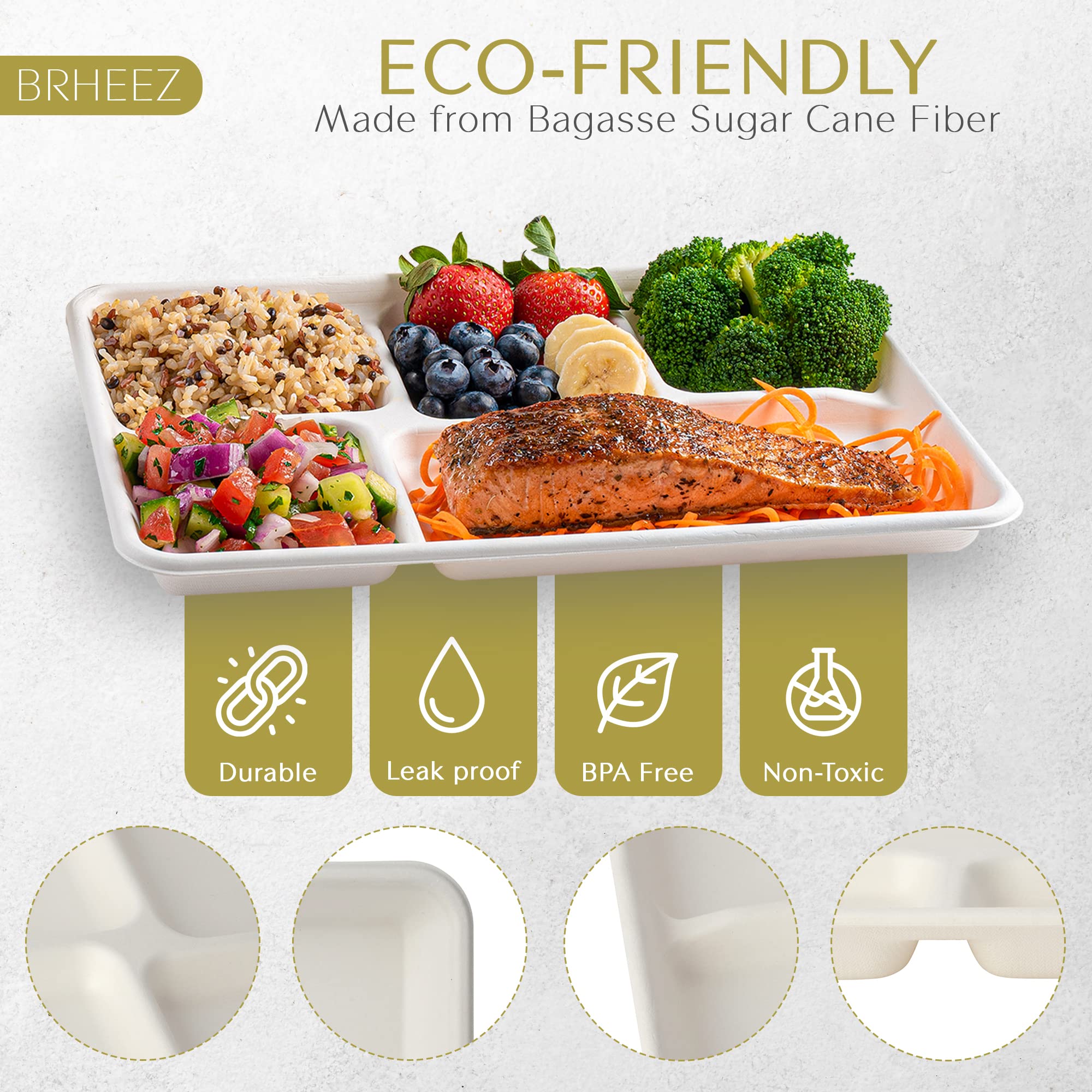 brheez Eco-Friendly 6 Compartment 8.5”x12.5” Disposable School Tray - Made from Bagasse Sugar Cane Fiber - Biodegradable, Compostable & Chemical Free - Pack of 50