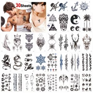 konsait temporary tattoos for adult men women kids(30 sheets), waterproof temporary tattoo fake tattoos body art sticker hand neck wrist cover up set, dragon anchor scorpion wolf graphic elk