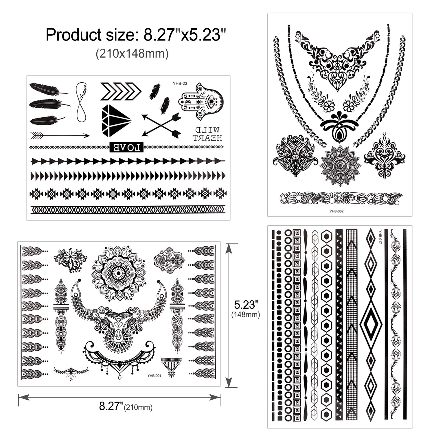 Konsait 10 Sheets Henna Temporary Tattoo Black Art Stickers Lace Mehndi Body Transfers Tattoo for Women Adult Girls for Festival Party