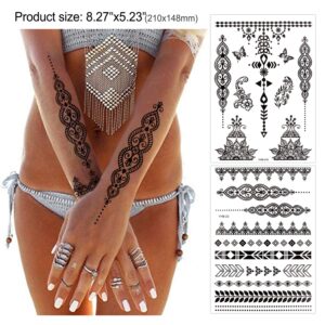 Konsait 10 Sheets Henna Temporary Tattoo Black Art Stickers Lace Mehndi Body Transfers Tattoo for Women Adult Girls for Festival Party