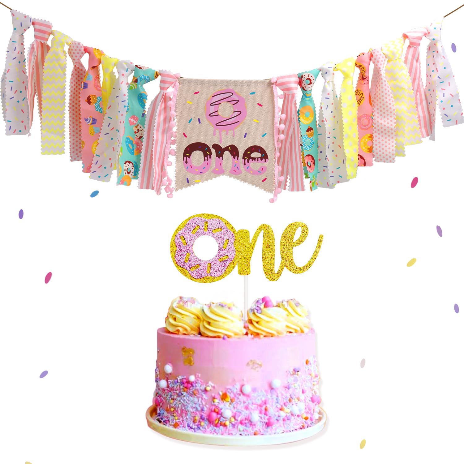 Vansolinne Donut 1st Birthday Party Decorations Kit, Sweet One High Chair Banner Donut Grow Up Photo Booth Props Party Supplies Cake Topper First Birthday Gifts and Souvenir for Baby Girl