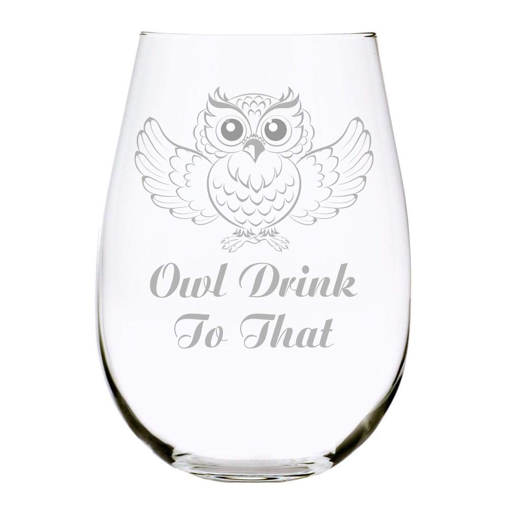 C M Owl Drink To That stemless wine glass, 17 oz.