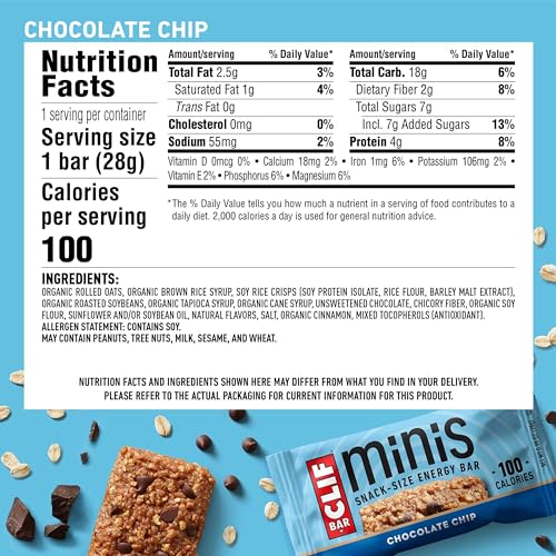 Clif Bar Minis - Chocolate Chip - Made with Organic Oats - 4g Protein - Non-GMO - Plant Based - Snack-Size Energy Bars - 0.99 oz. (20 Pack)