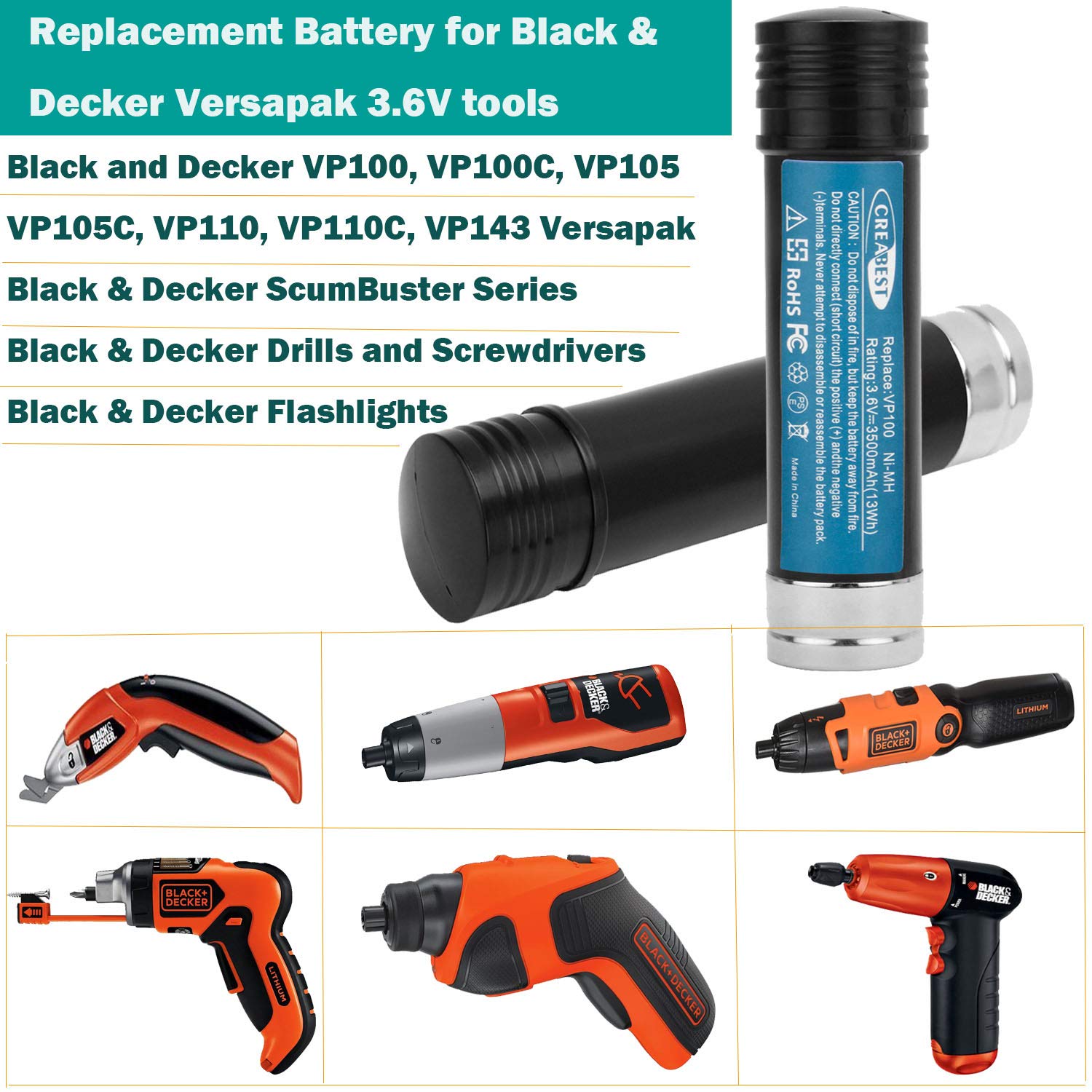 CREABEST 2Pack 3.6V 3500mAh Ni-MH Replacement Battery for Black & Decker Versapak Battery VP100 VP100C VP105 VP105C VP110 VP110C VP143 Model Power Tools