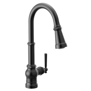 moen paterson matte black one-handle pull-down kitchen faucet with spray head and power boost, includes interchangeable handle, s72003bl