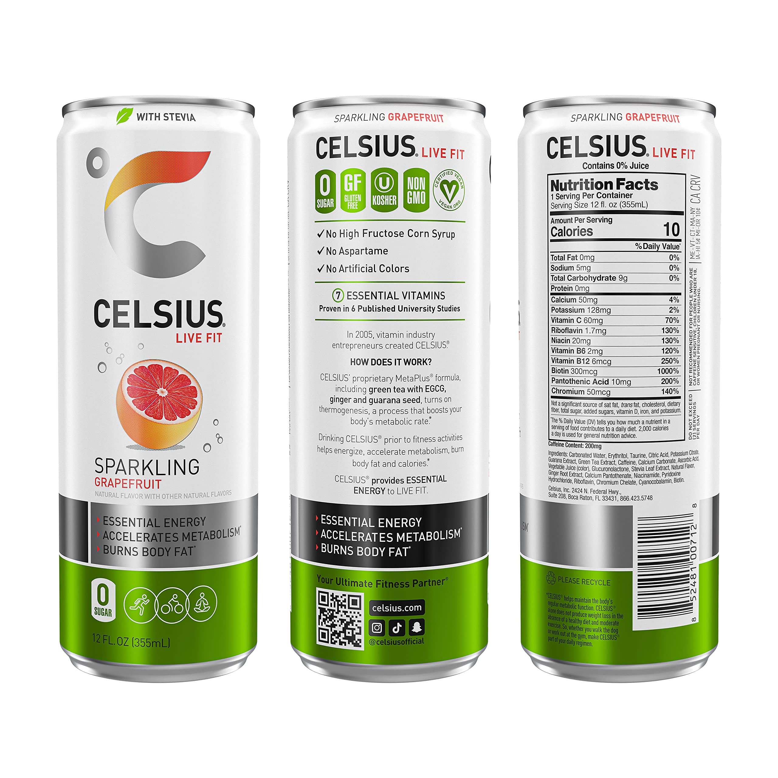 CELSIUS Sweetened with Stevia Sparkling Grapefruit Fitness Drink, Zero Sugar, 12oz. Slim Can (Pack of 12)