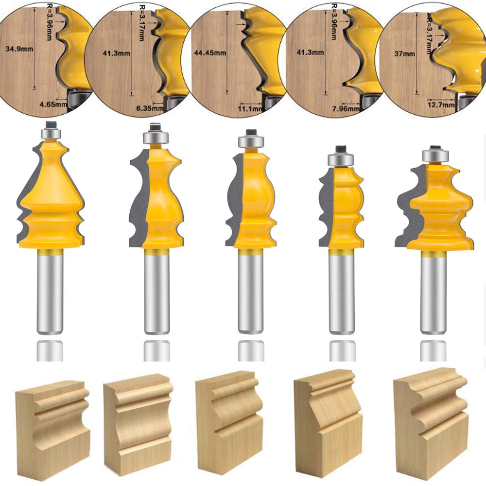 LEATBUY 1/2-Inch Shank Architectural Molding Router Bit Set 5 PCS, Corner Rounding Edge-Forming Roundover Beading Router Bit Set, Woodworking Milling Cutter Tools, Carbide Cutter CNC Router (FJ-55)