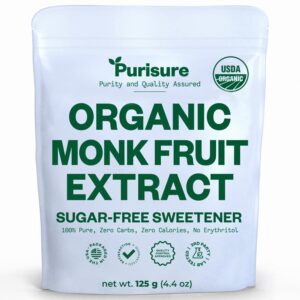 organic monk fruit sweetener, 125g (4.41oz) 400 servings, no fillers pure usda organic monk fruit extract powder with no aftertaste, zero calorie & zero carbs, keto & paleo friendly, by purisure